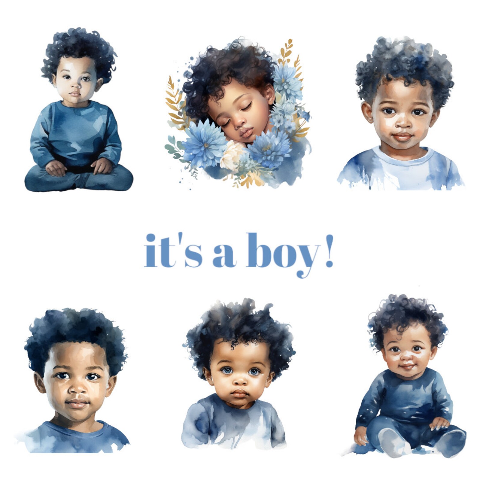 30 Watercolor African American Baby Shower Clipart, Black Baby Boy ...
