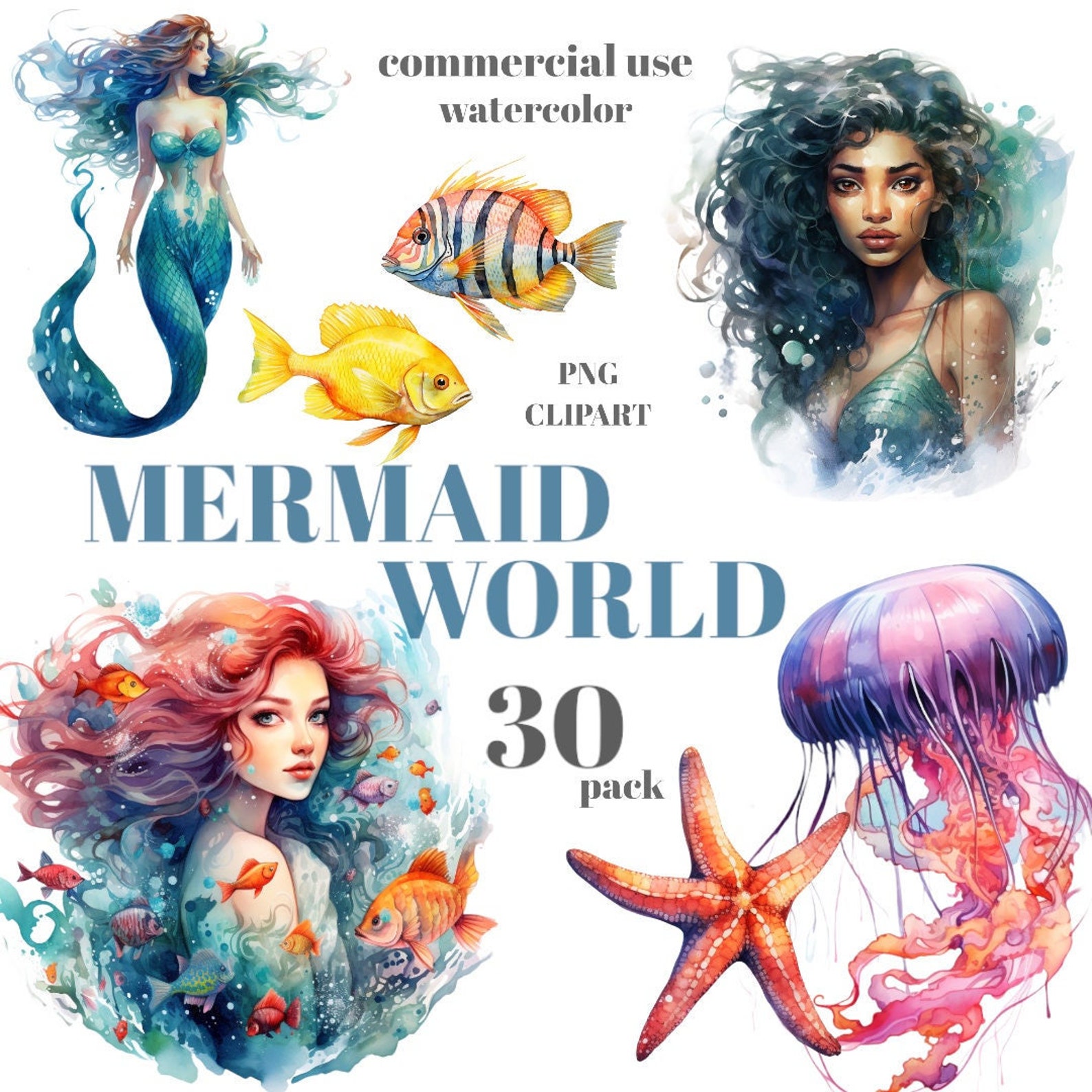 30 Undersea Bundle, Mermaid Cliparts, PNG Underwater Clipart ...