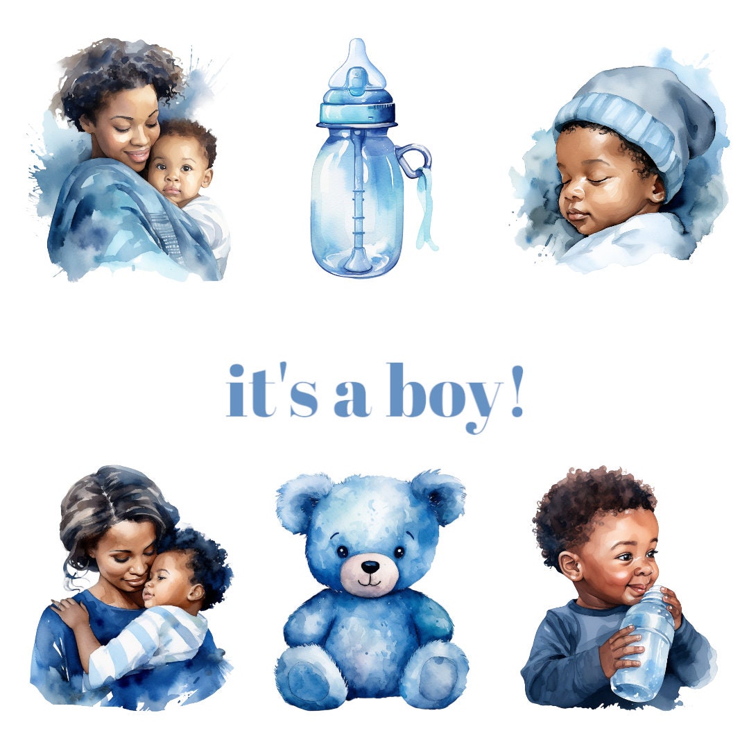 30 Watercolor African American Baby Shower Clipart, Black Baby Boy ...