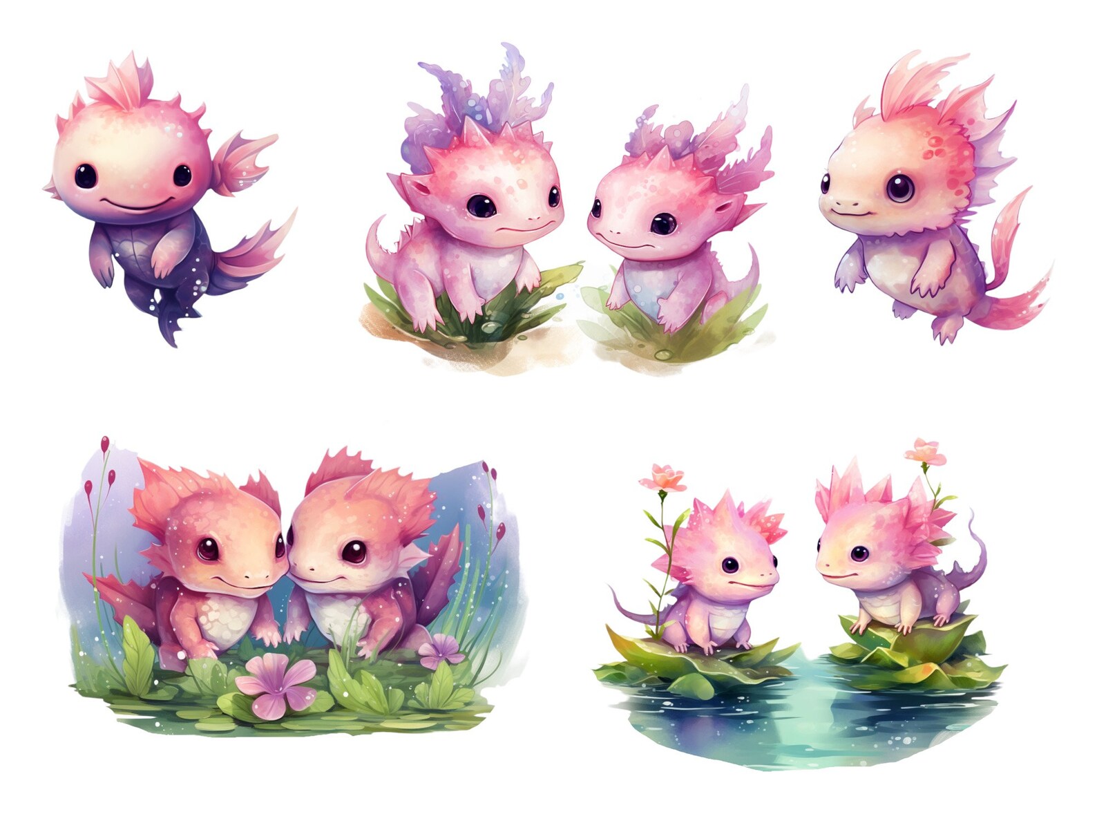 10 Watercolor Baby Axolotl Clipart PNG, Axolotl Clip Art, Commercial ...