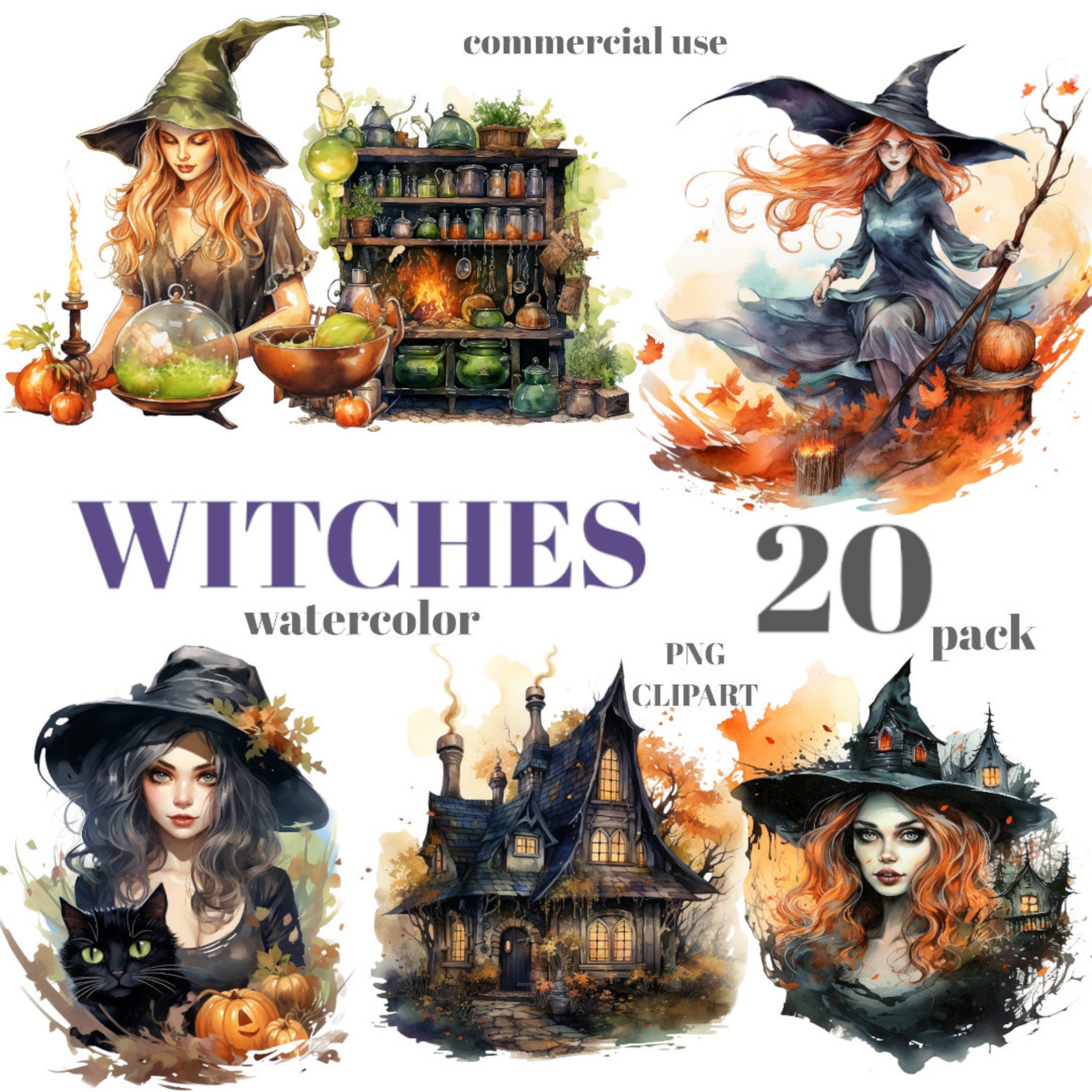 20 Watercolour Halloween Witch PNG, Journaling, Witch Wall Art ...