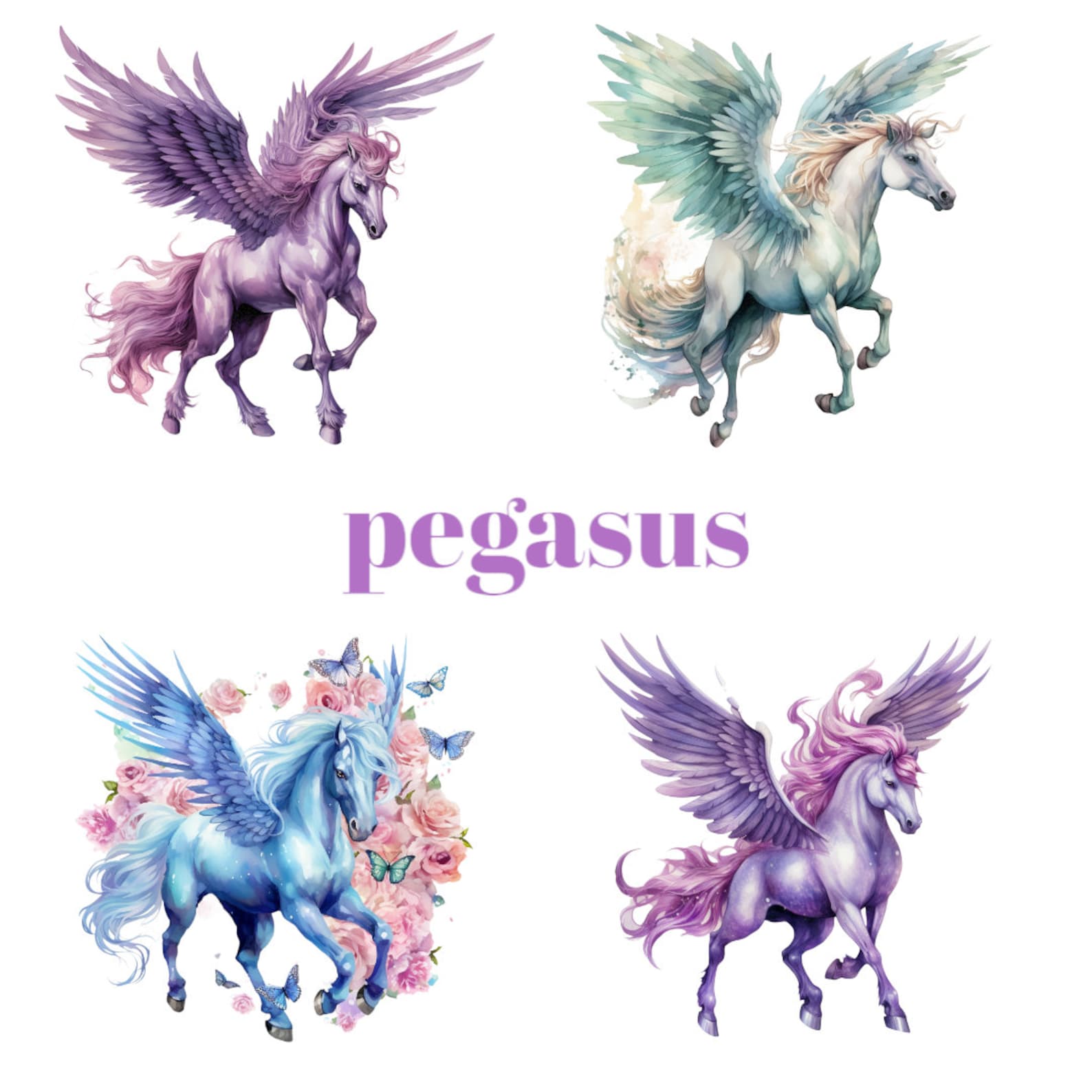 10 Watercolor Pegasus PNG Set, Majestic Pegasus Clipart Bundle, Flying ...