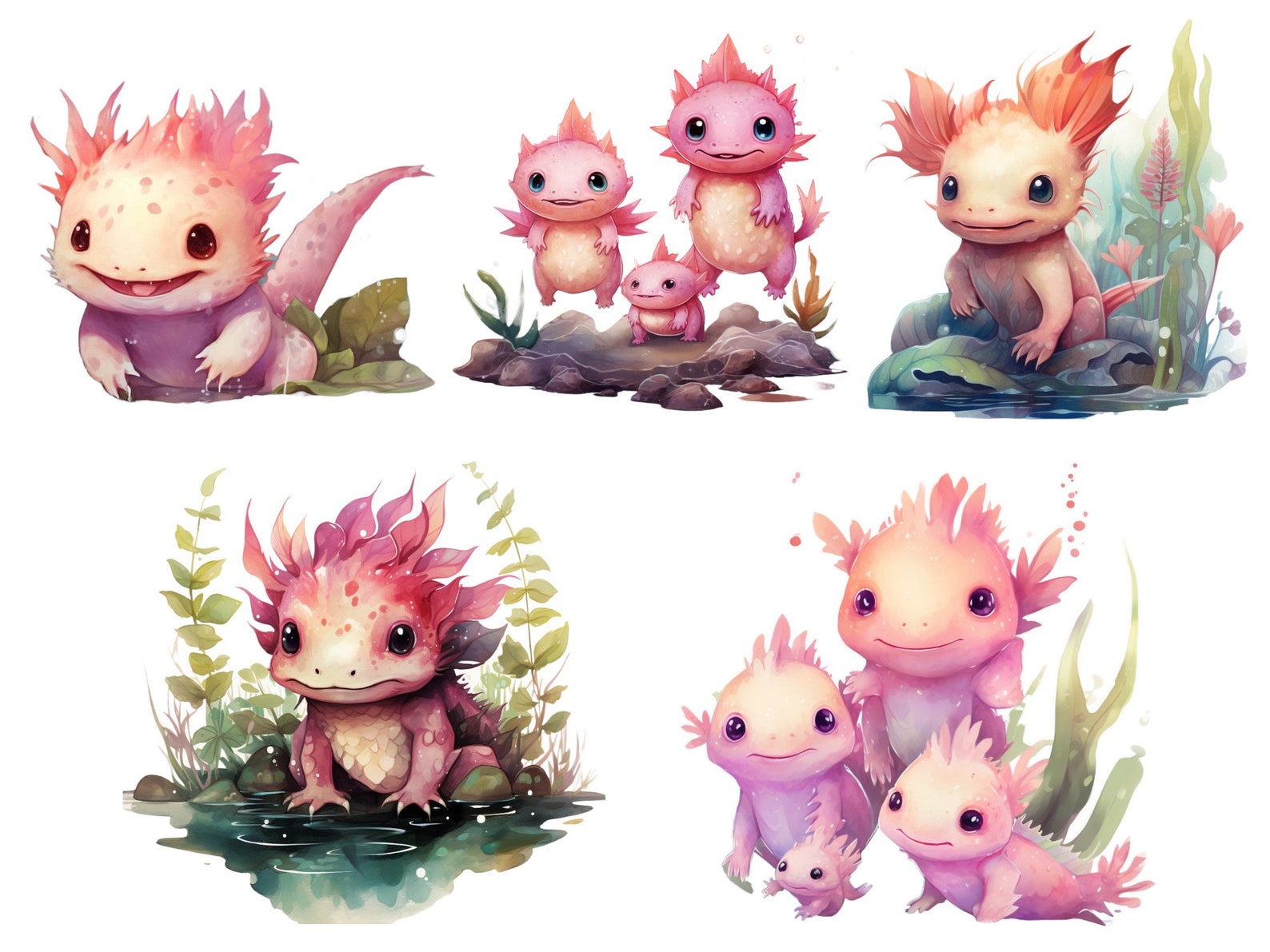 10 Watercolor Baby Axolotl Clipart PNG, Axolotl Clip Art, Commercial ...