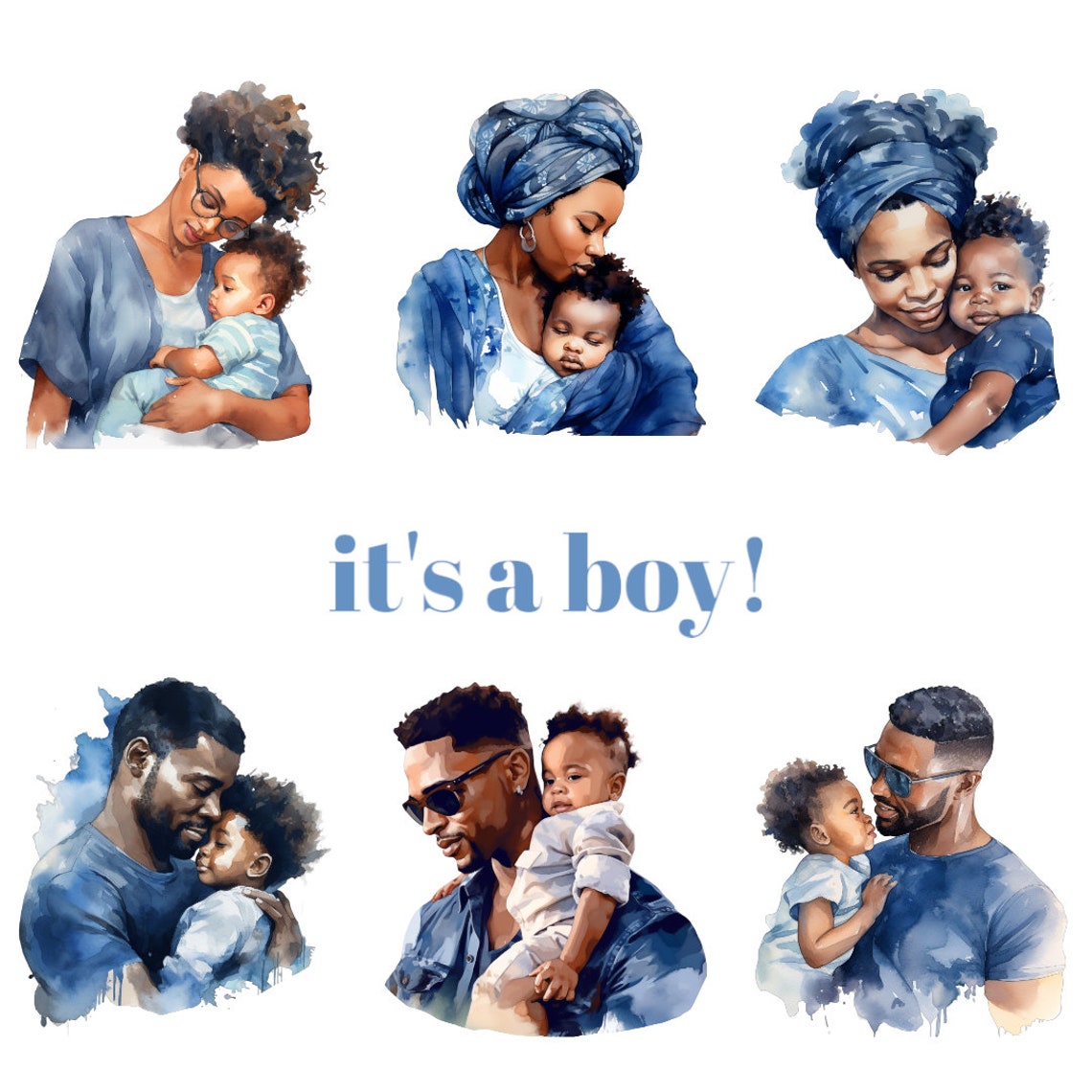 30 Watercolor African American Baby Shower Clipart, Black Baby Boy ...