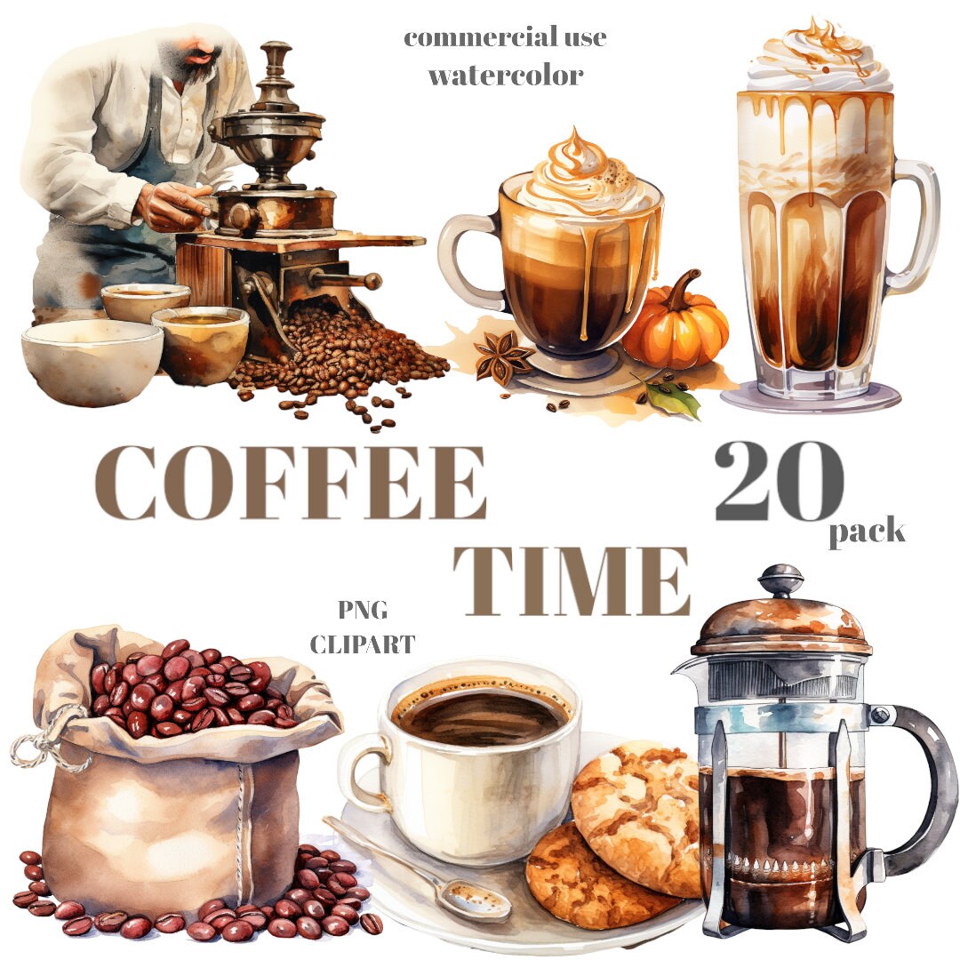 20 Watercolor Coffee Clipart, Drinks Clipart, Espresso, Coffee Sticker ...