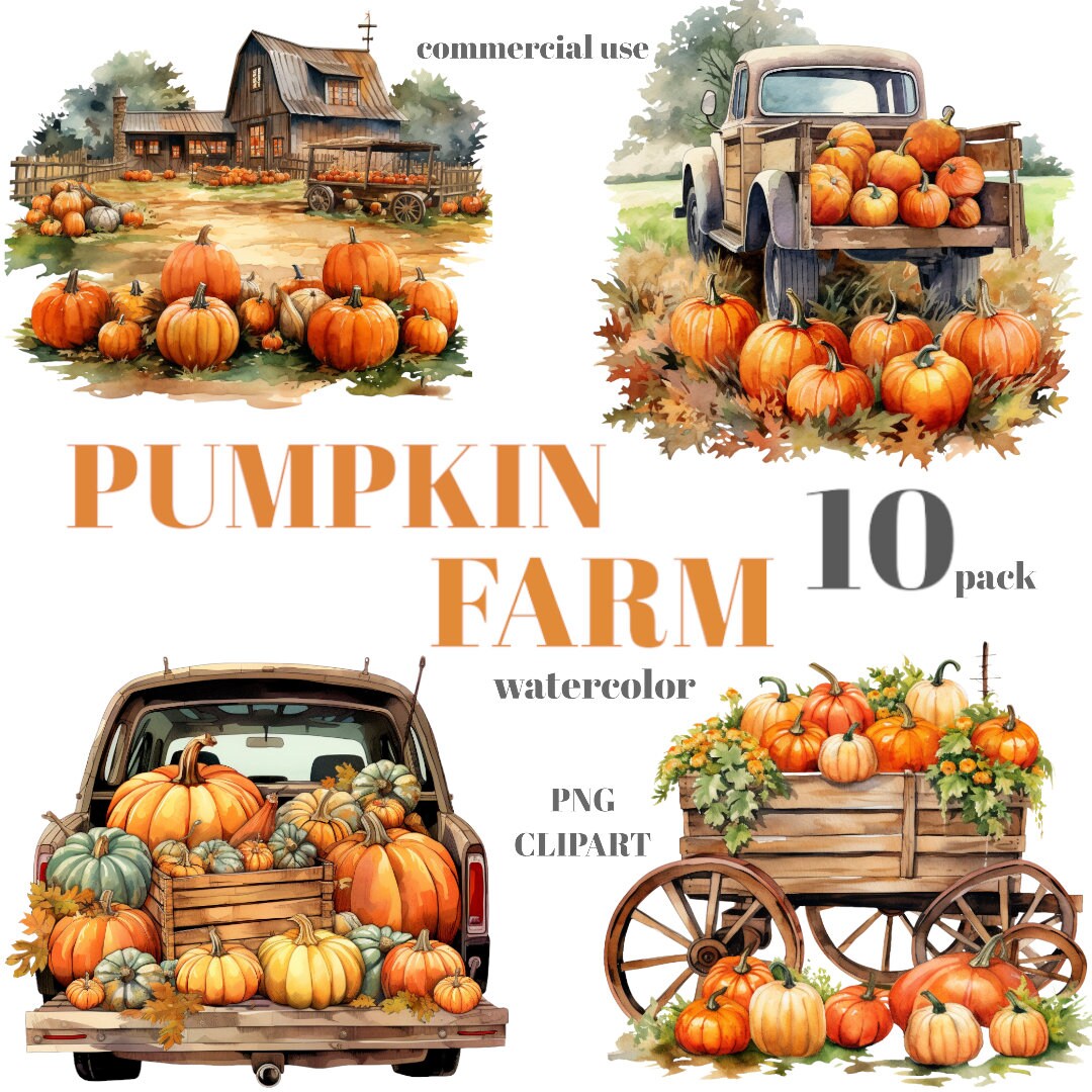10 Pumpkin Autumn Farm Clipart Watercolor PNG Clip Art, Pumpkin Clipart ...