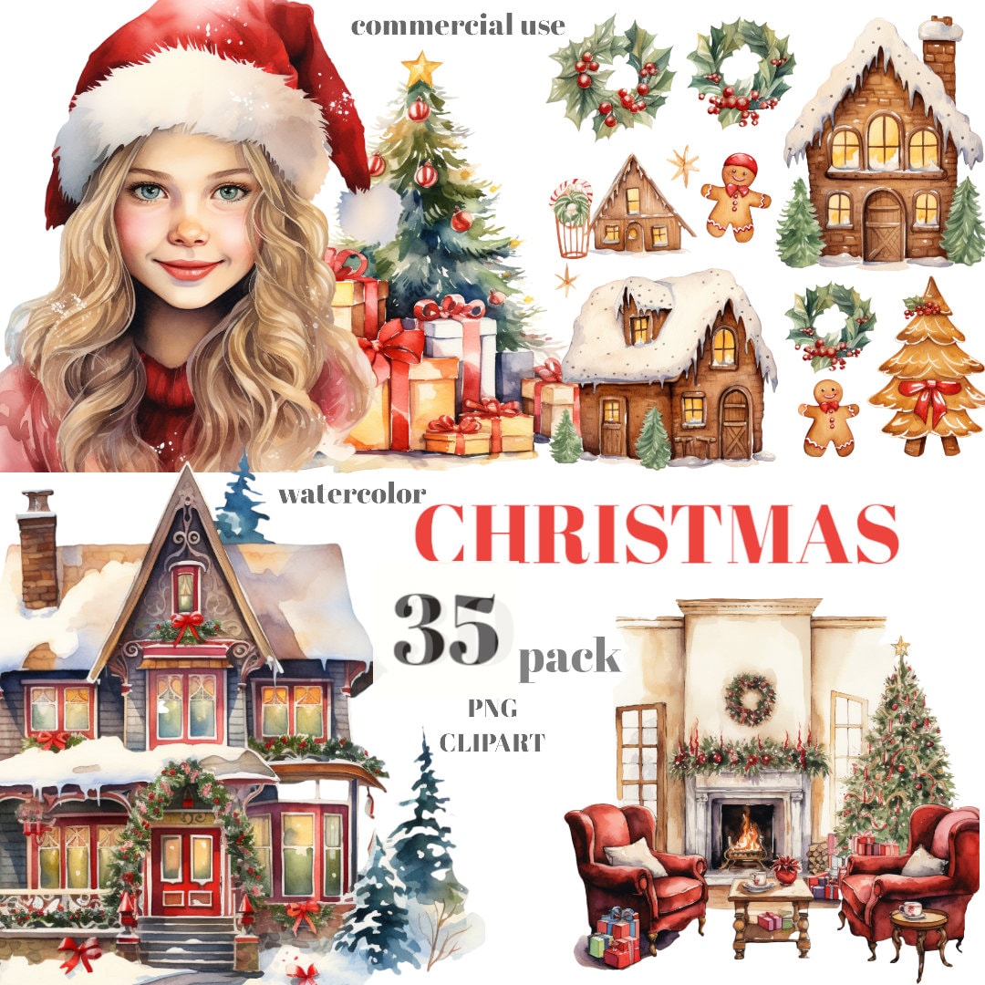 35 Christmas Watercolor Clipart, Christmas Clipart, Holiday Watercolor ...
