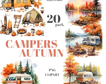 30 Autumn Adventure Campers Clipart, Watercolor Fall Cute Caravan PNG ...