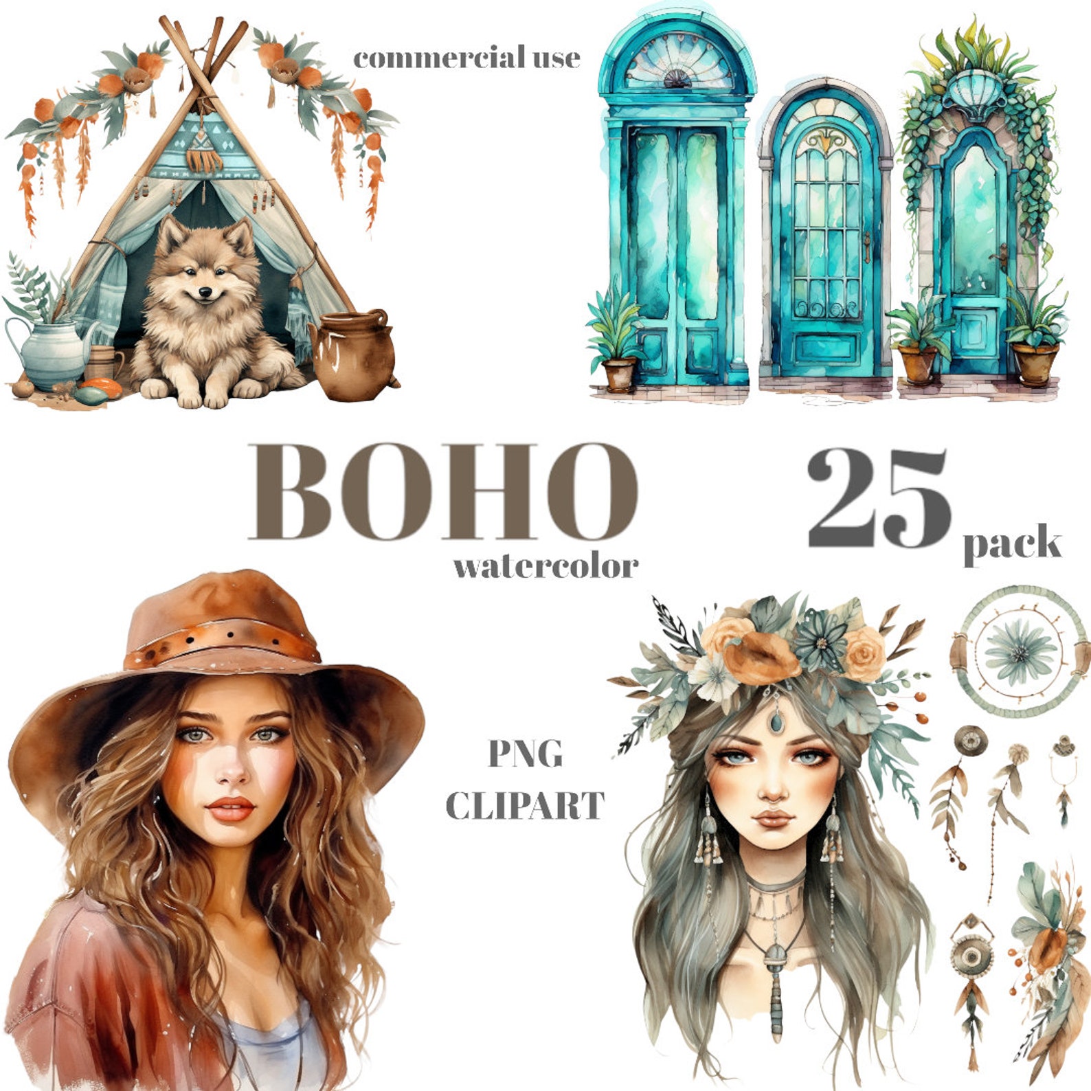 25 Boho Fall Cliparts, Watercolor Cliparts, Floral Fall Clipart, Autumn ...