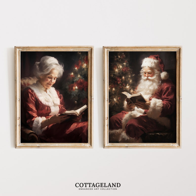 Mr & Mrs. Claus Reading Book Wall Art Set of 4 Christmas Gallery Wall ...