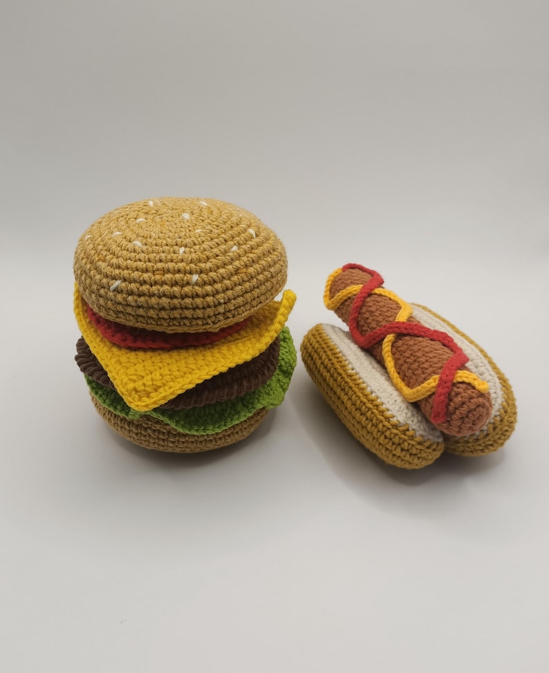 Crochet Burger and Hot Dog Plush: Handmade Amigurumi Play Food Set - Etsy