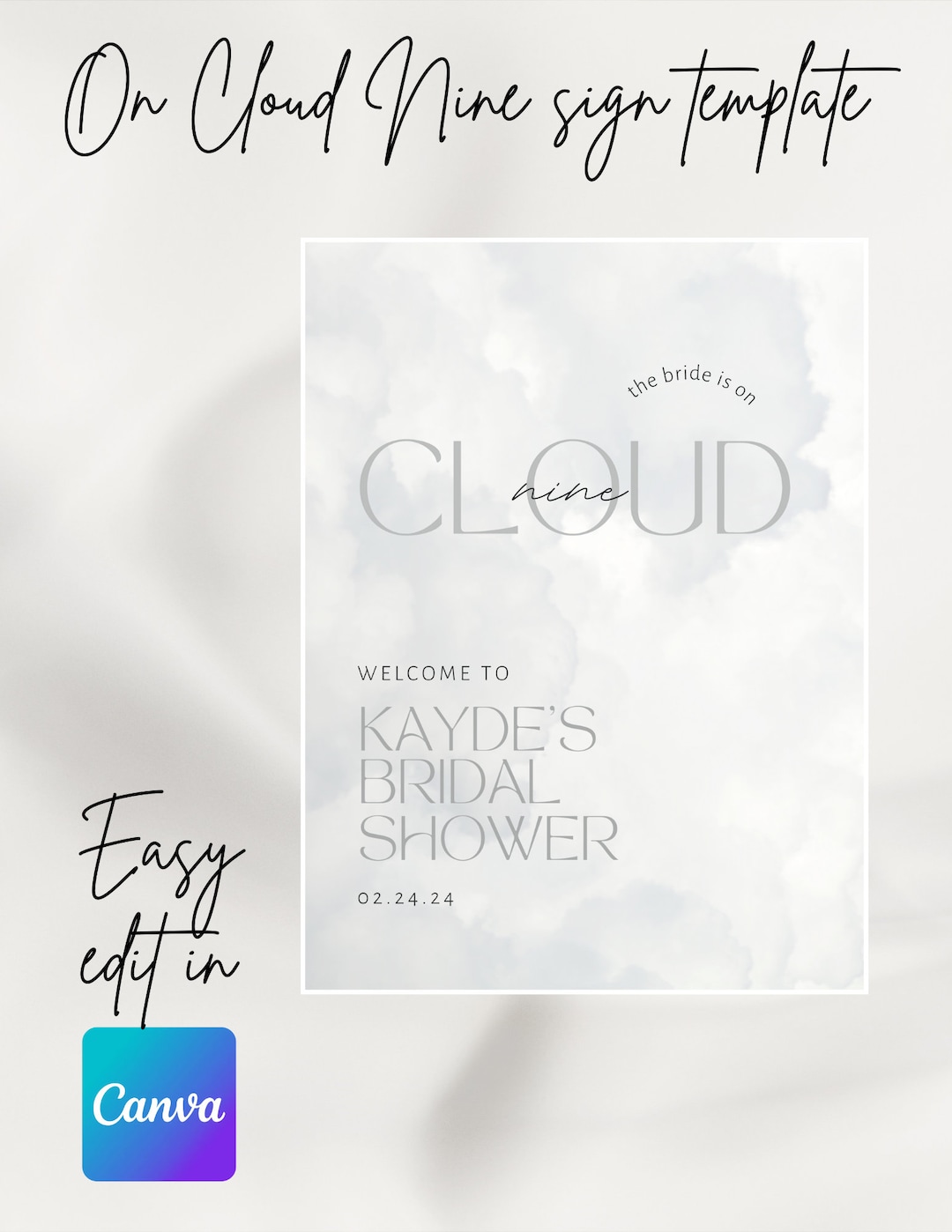 On Cloud Nine Sign Template, Bridal Shower Sign, Welcome Sign, Bridal ...