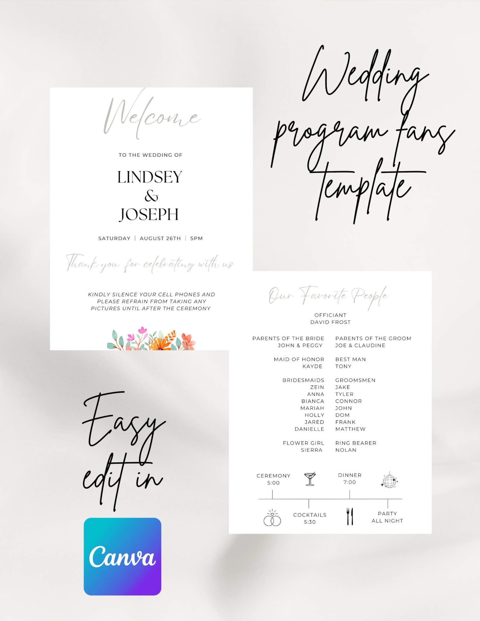 Program Fan Template, Wedding Program Fan, Easy Edit Template, Summer ...