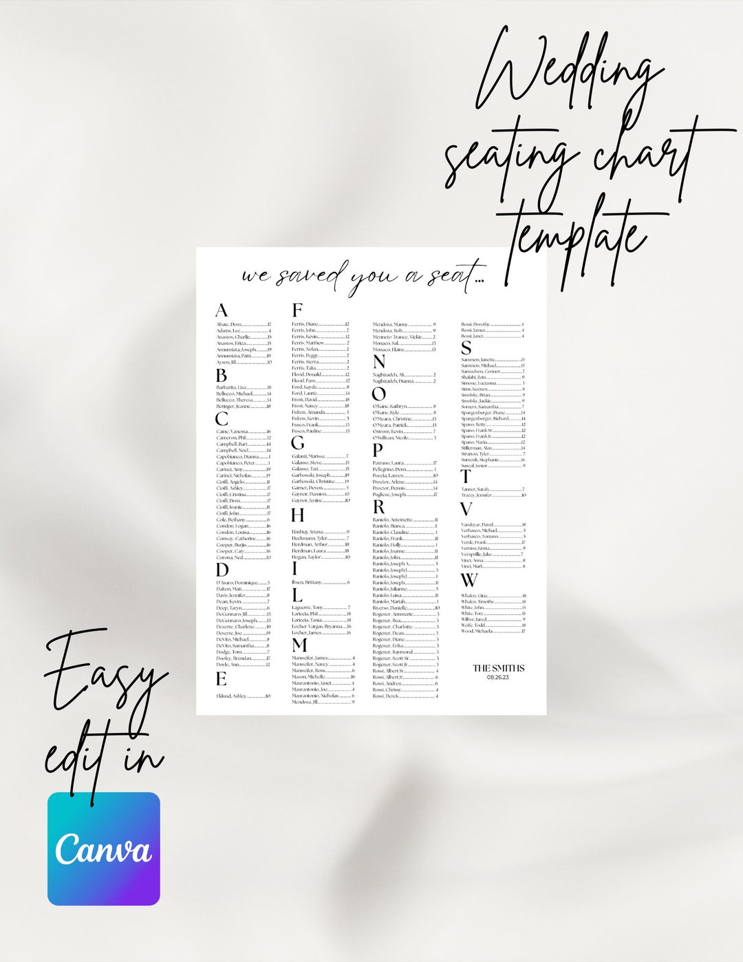 Wedding Seating Chart Template, Wedding Seating Chart, Editable Seating ...