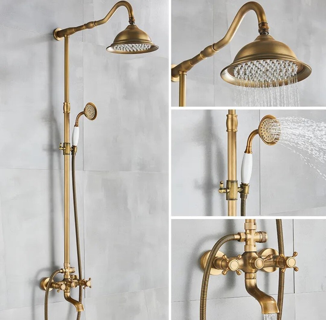 Antique Brass Shower Faucets Wall Mount Rainfall Shower With Etsy