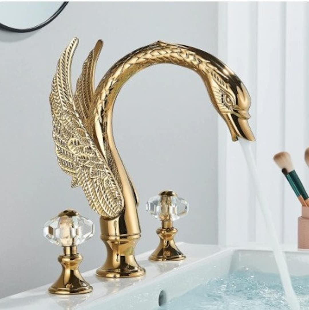 Golden Swan Shape Basin Tap Dual Crystal Handle Deck Mount Bathroom ...
