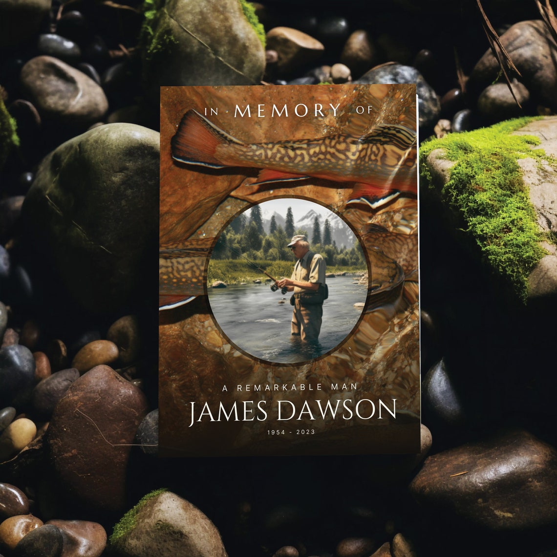 Fly Fisherman Funeral Program: Trout River Scene (canva Template ...