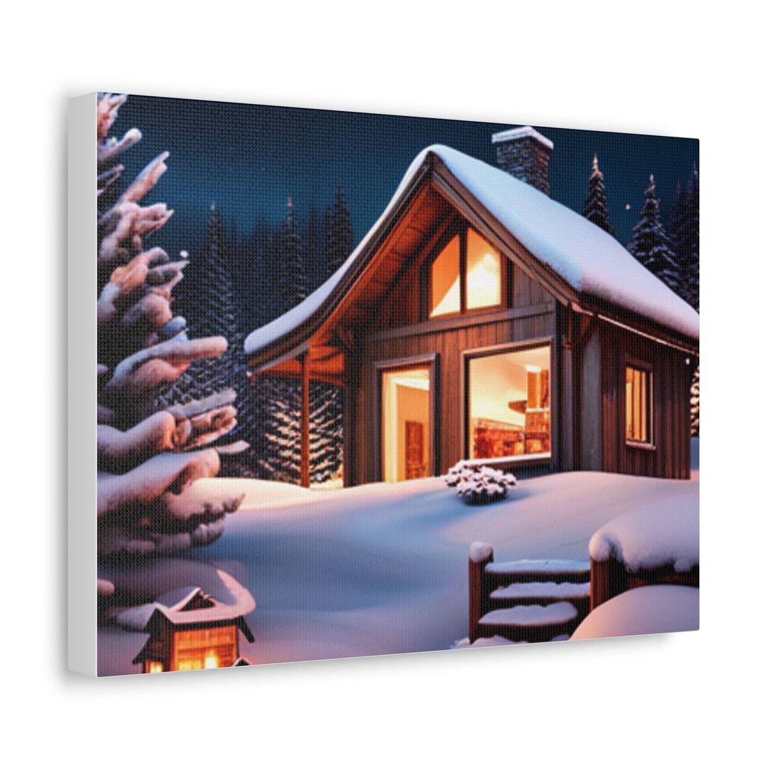 Winter Snowy Cabin Satin Canvas, Stretched - Etsy