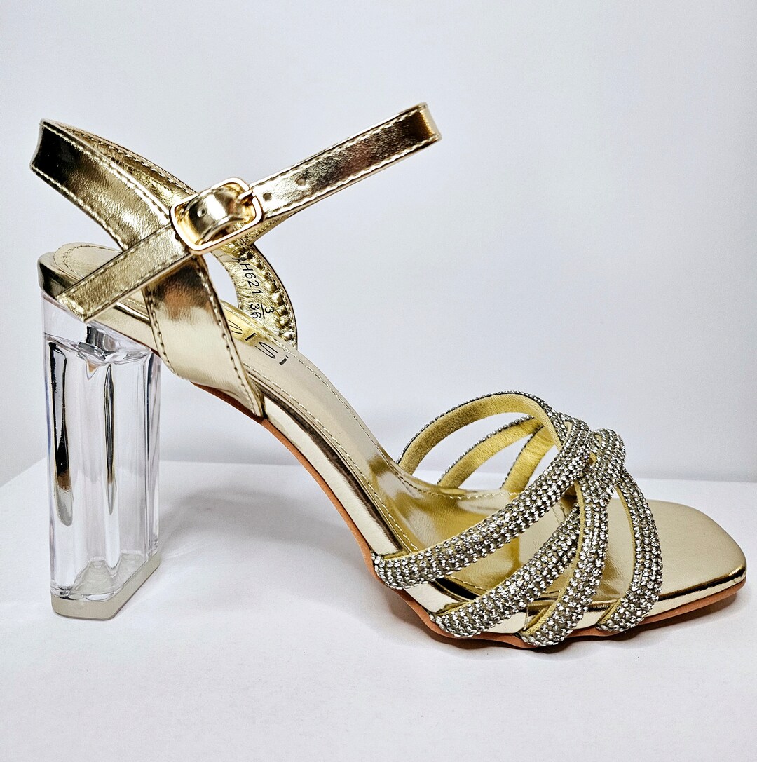 Gold Perspex Women's High Heels With Diamante Cross Detail and Buckle ...