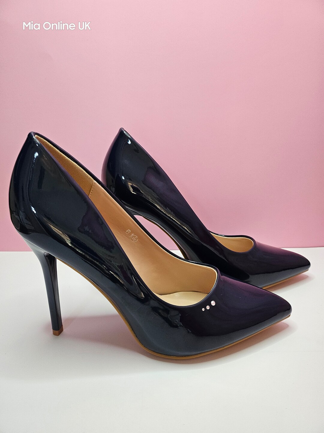 Navy Pointed Toe Patent Classic Stiletto High Heel With Beige Sole ...