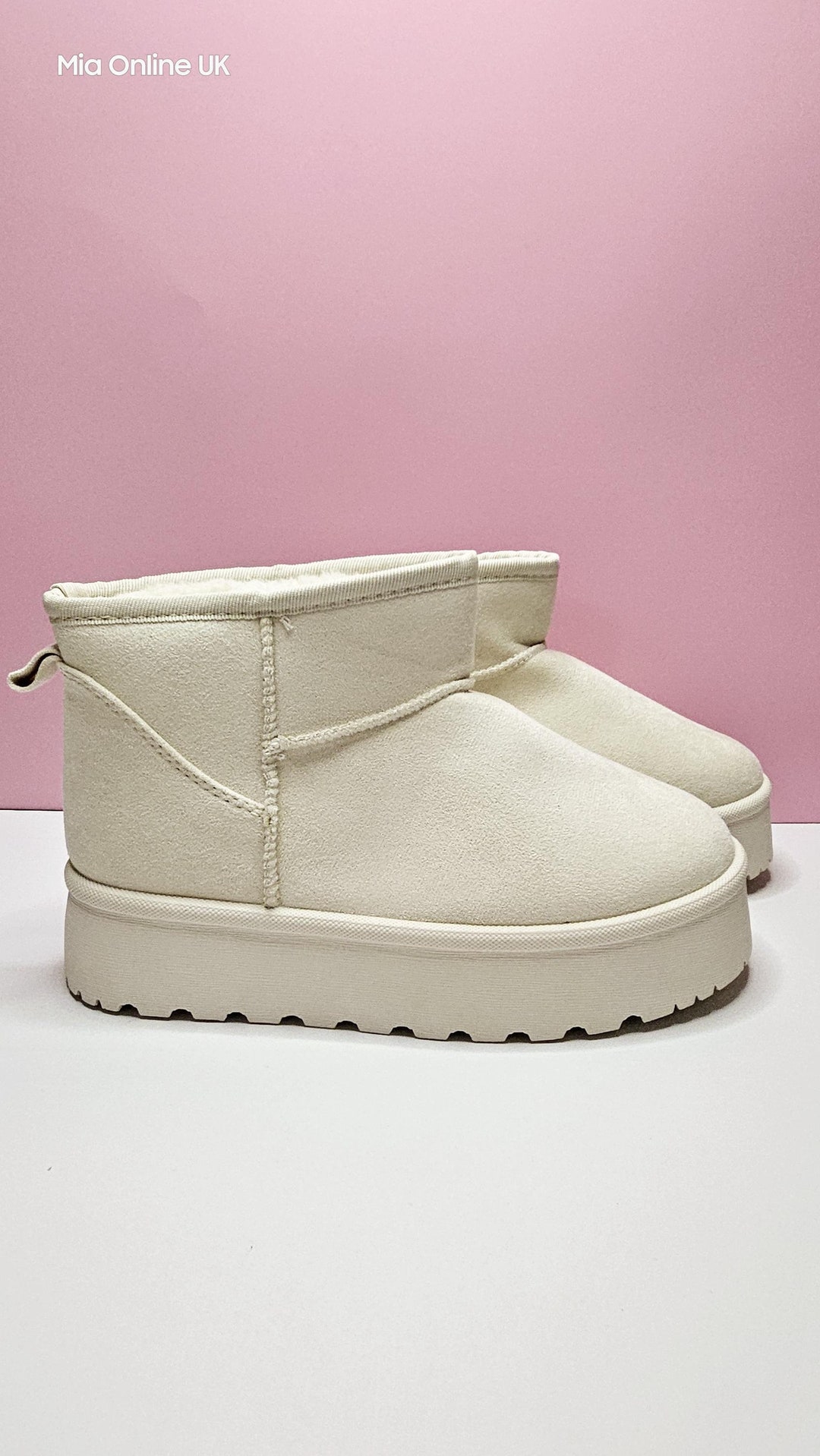 Mini Faux Fur Cosy Platform Mini Ankle Boots With Rubber Sole in Cream ...
