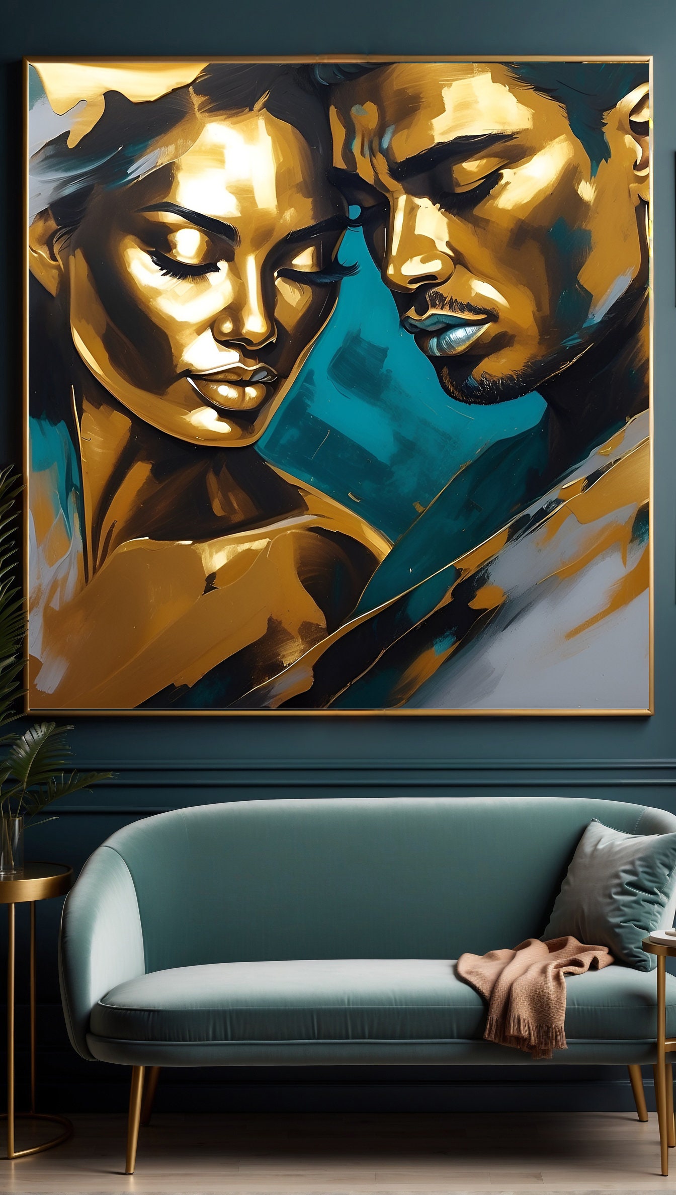 Romantic Couple Abstract Oil Painting in Gold, Petrol, Silver Love Art ...
