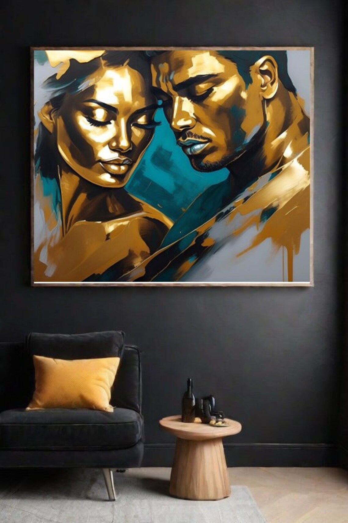 Romantic Couple Abstract Oil Painting in Gold, Petrol, Silver Love Art ...