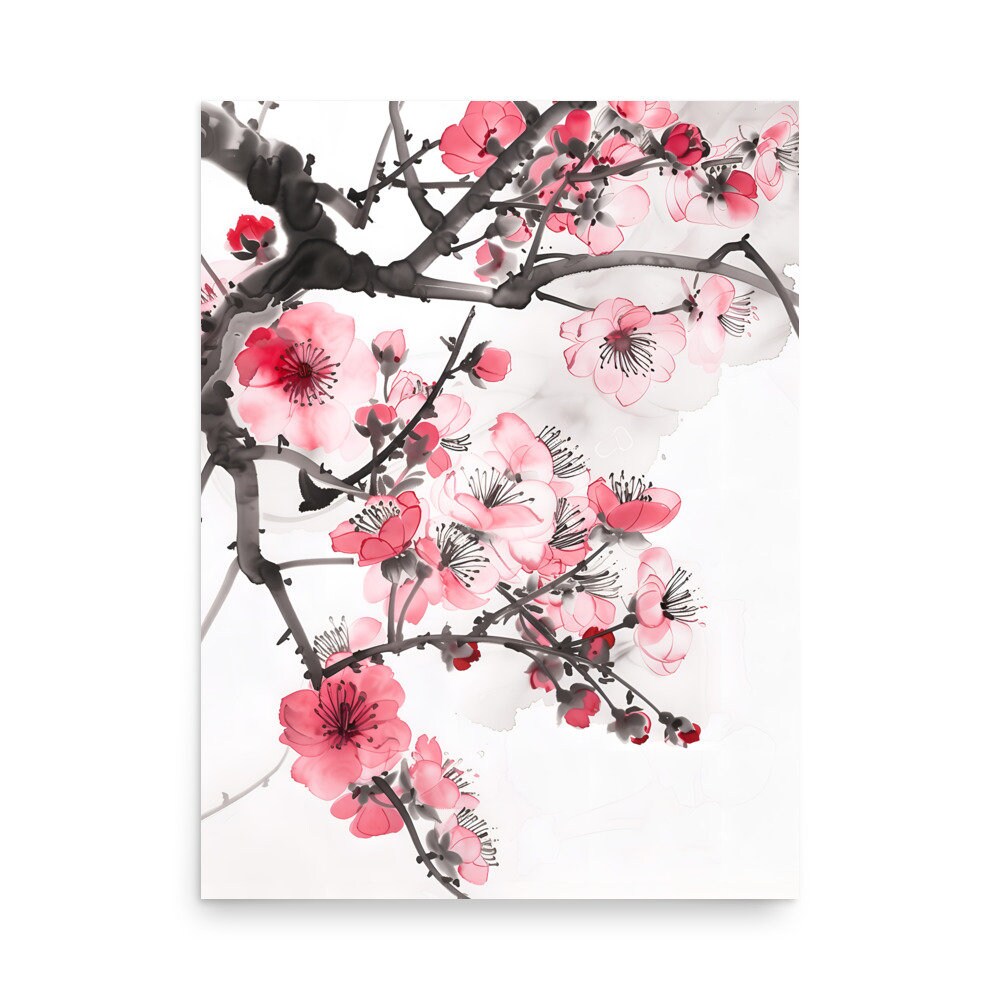 Japanese Cherry Blossom Ink Poster, Wall Art, Home Decor, Japanese Wall ...