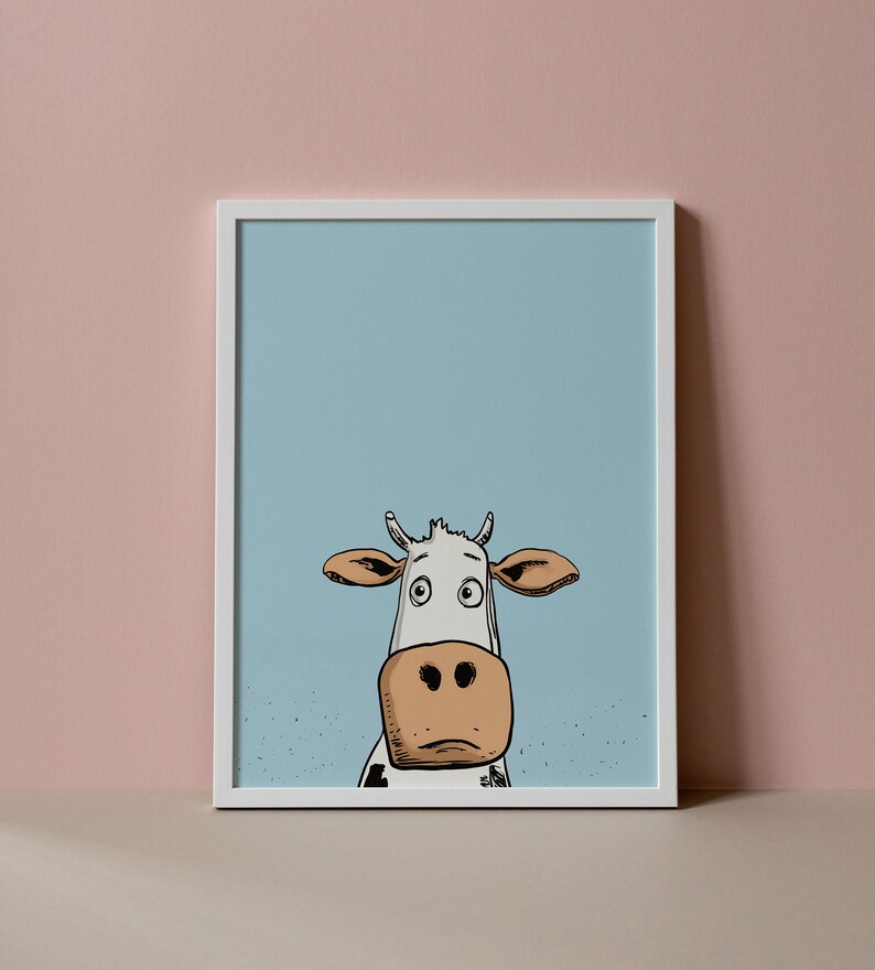 Cartoon Cow Thinking Graphic Illustration, Digital Printable Art ...