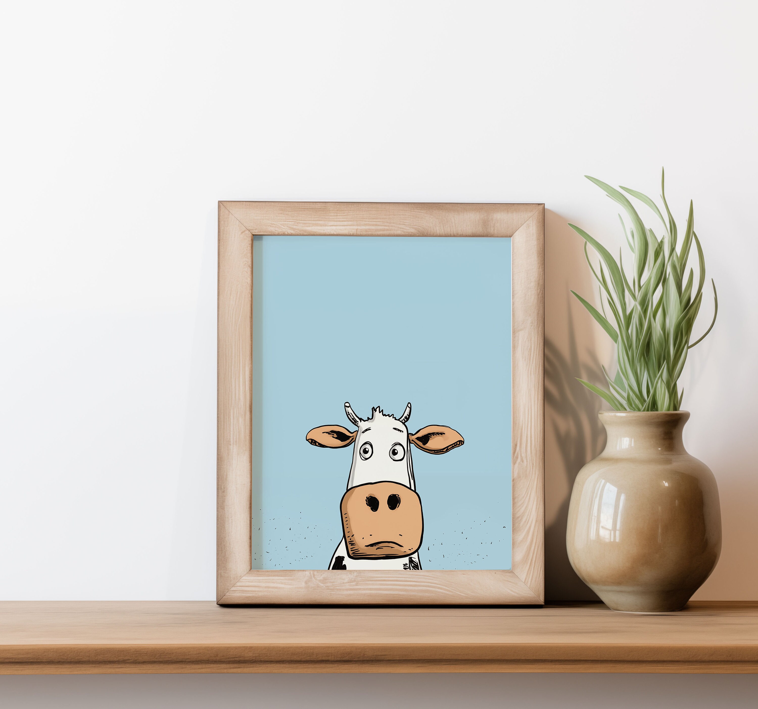 Cartoon Cow Thinking Graphic Illustration, Digital Printable Art ...