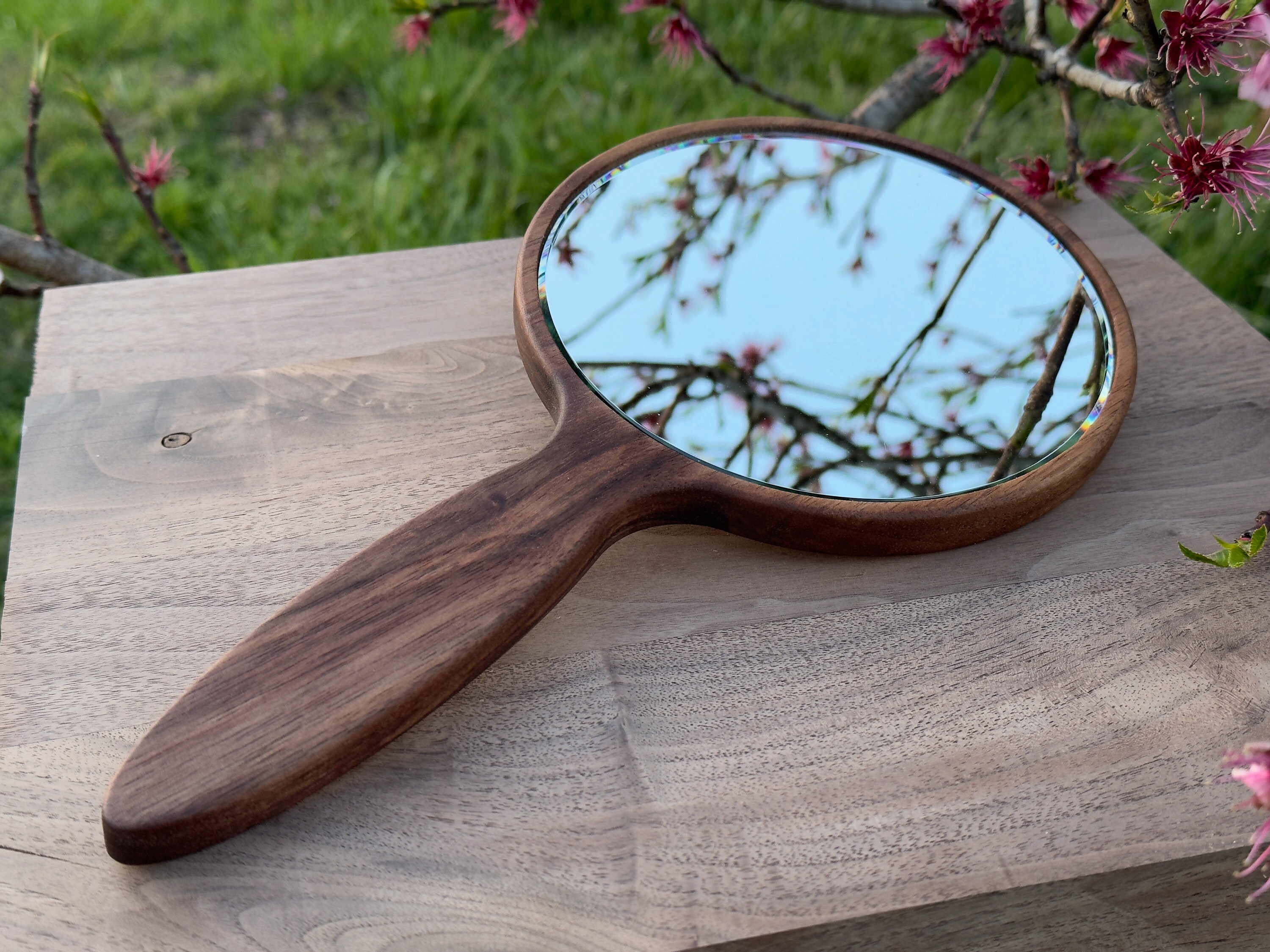 Wooden Hand Mirror, Walnut, Cherry or Maple Hardwood. 6 Inch Glass ...