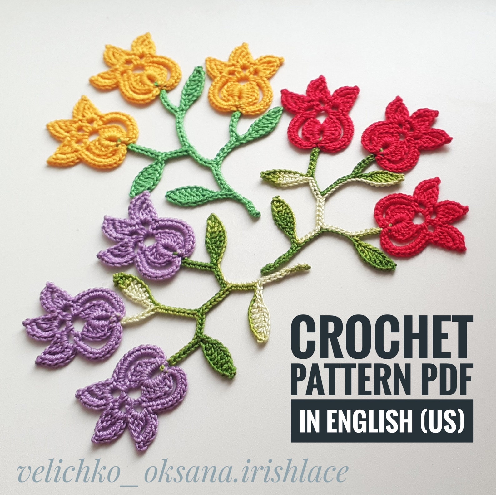 Crochet Branch of Leaves and Flowers Crochet Tutorial PDF Irish Lace ...