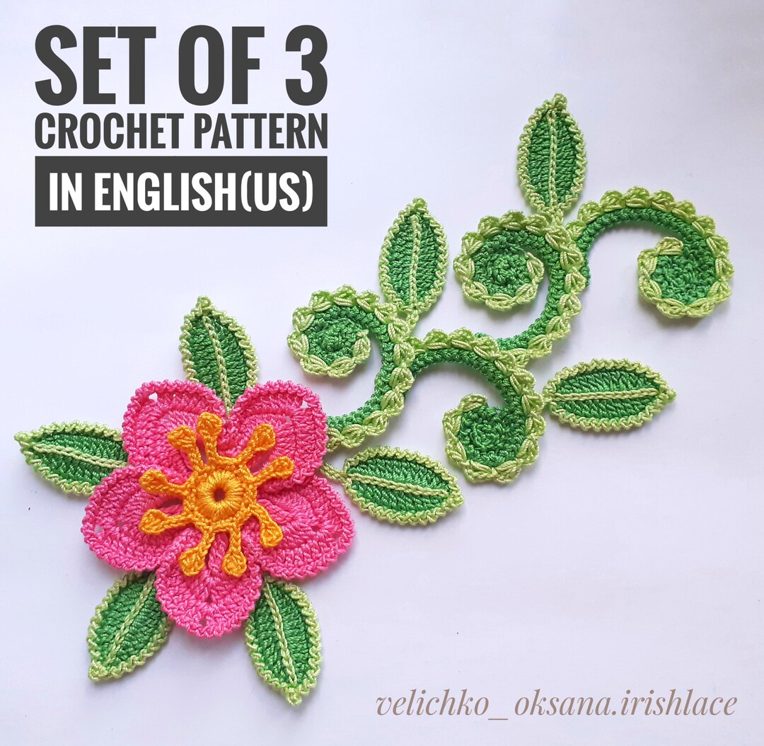 SET Irish Crochet Flower & Leaf Pattern Set Ireland Lace Motifs Easy ...
