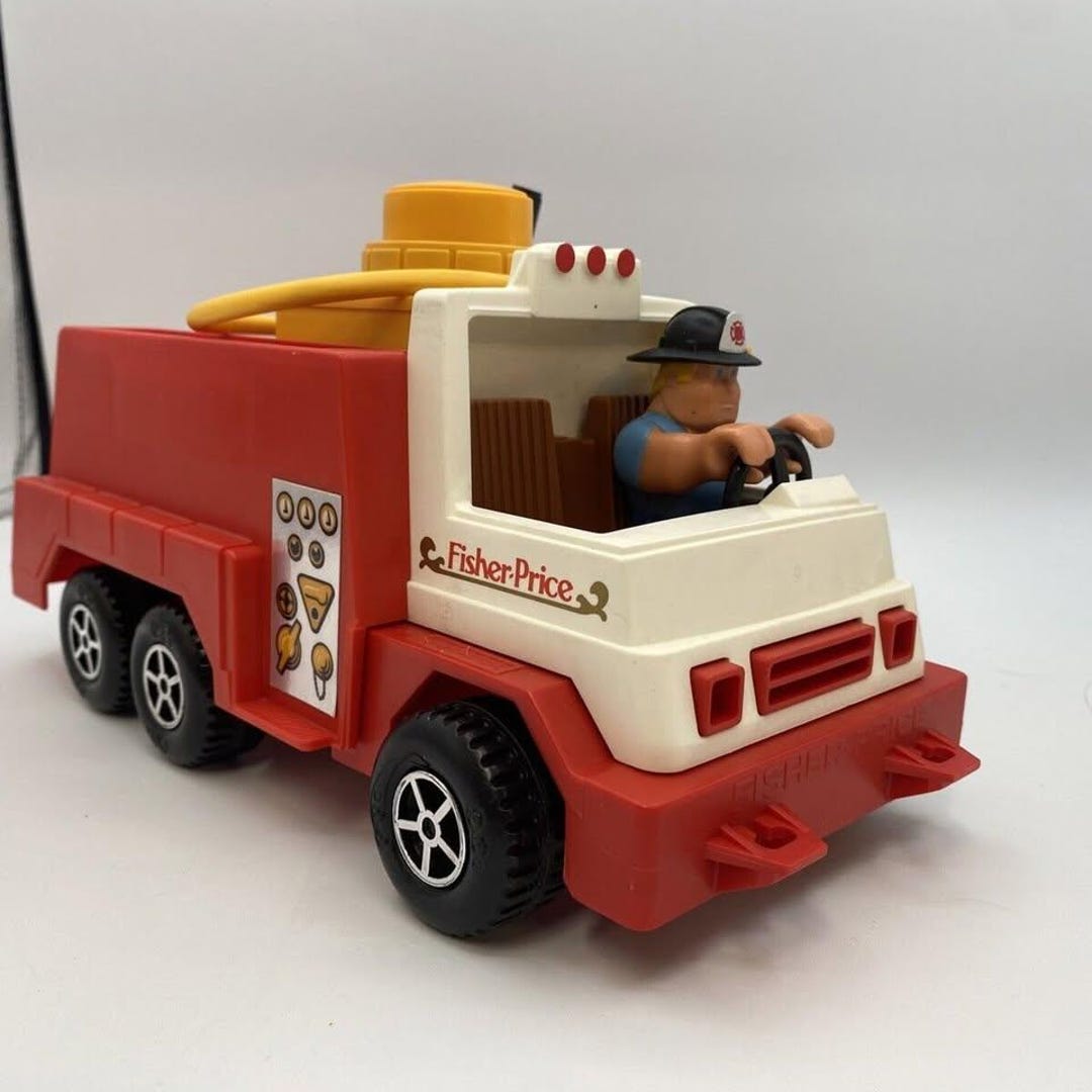 Vtg Fisher Price Husky Helpers Red Fire Truck With Figure, Pump and ...