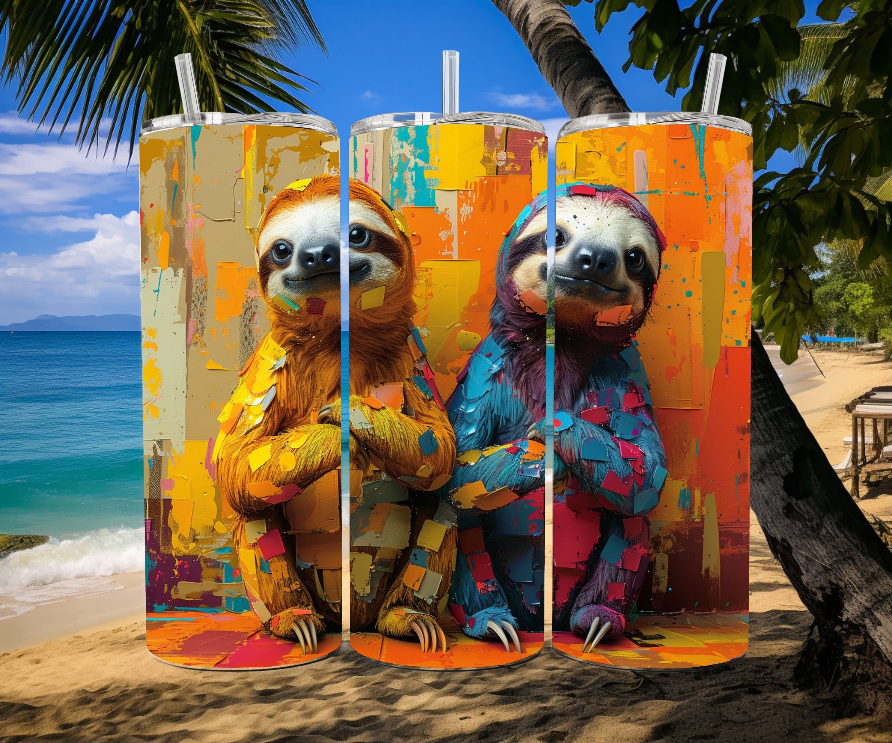 Sloth Tumbler Wrap 20oz Skinny Tumbler , Colorful Museum Quality Cute ...