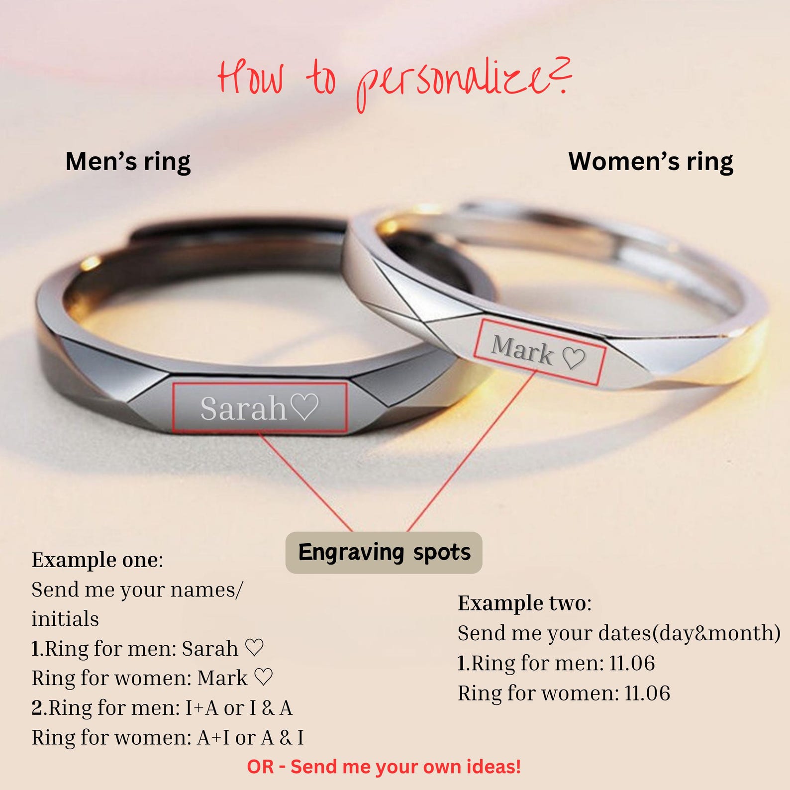 Couples Black and White Engraved Rings, Minimalist Personalized Laser ...