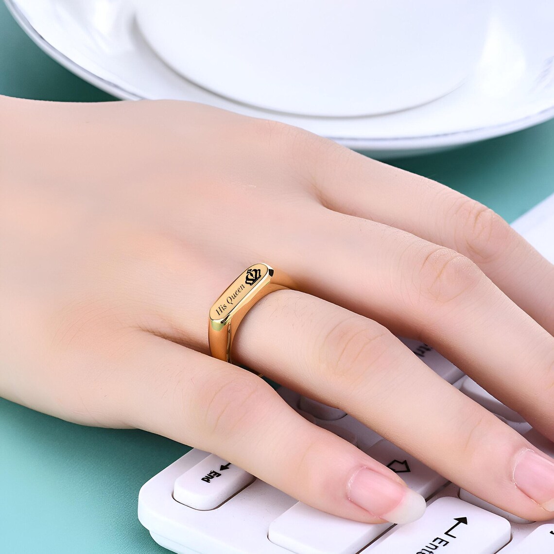 Laser Engraved Couples Rings, Personalzied Text Icon Minimalist ...