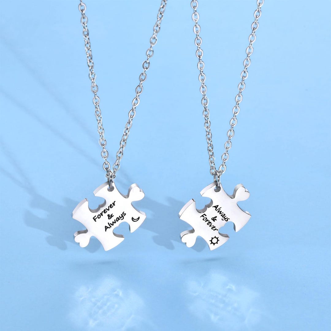 Personalized Puzzle Necklace Set: Stainless Steel Initial Pendant ...