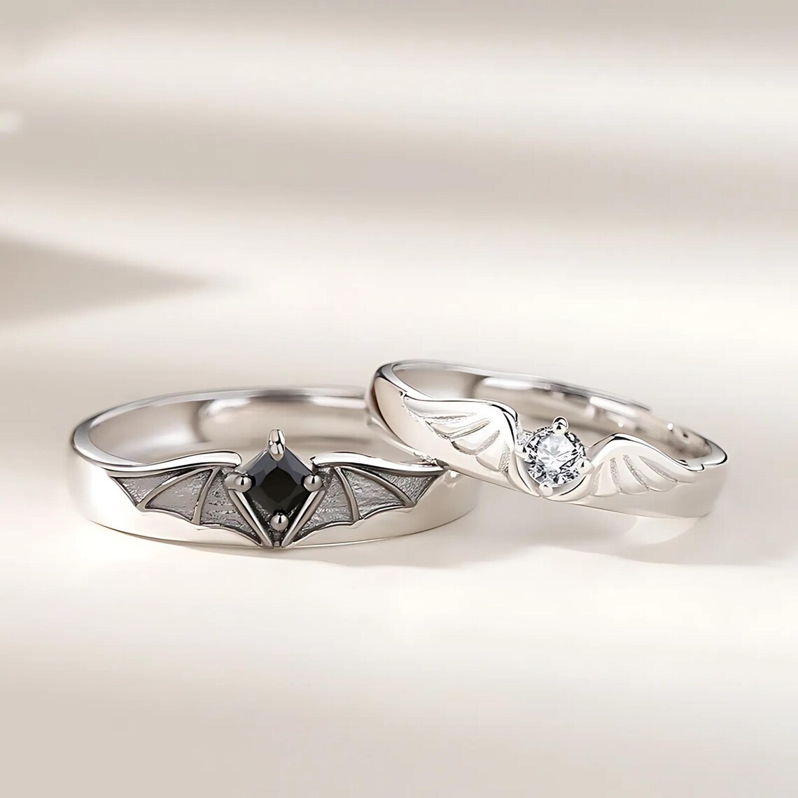 Personalized Adjustable Couple's Angel and Devil Wings Rings, Black and ...