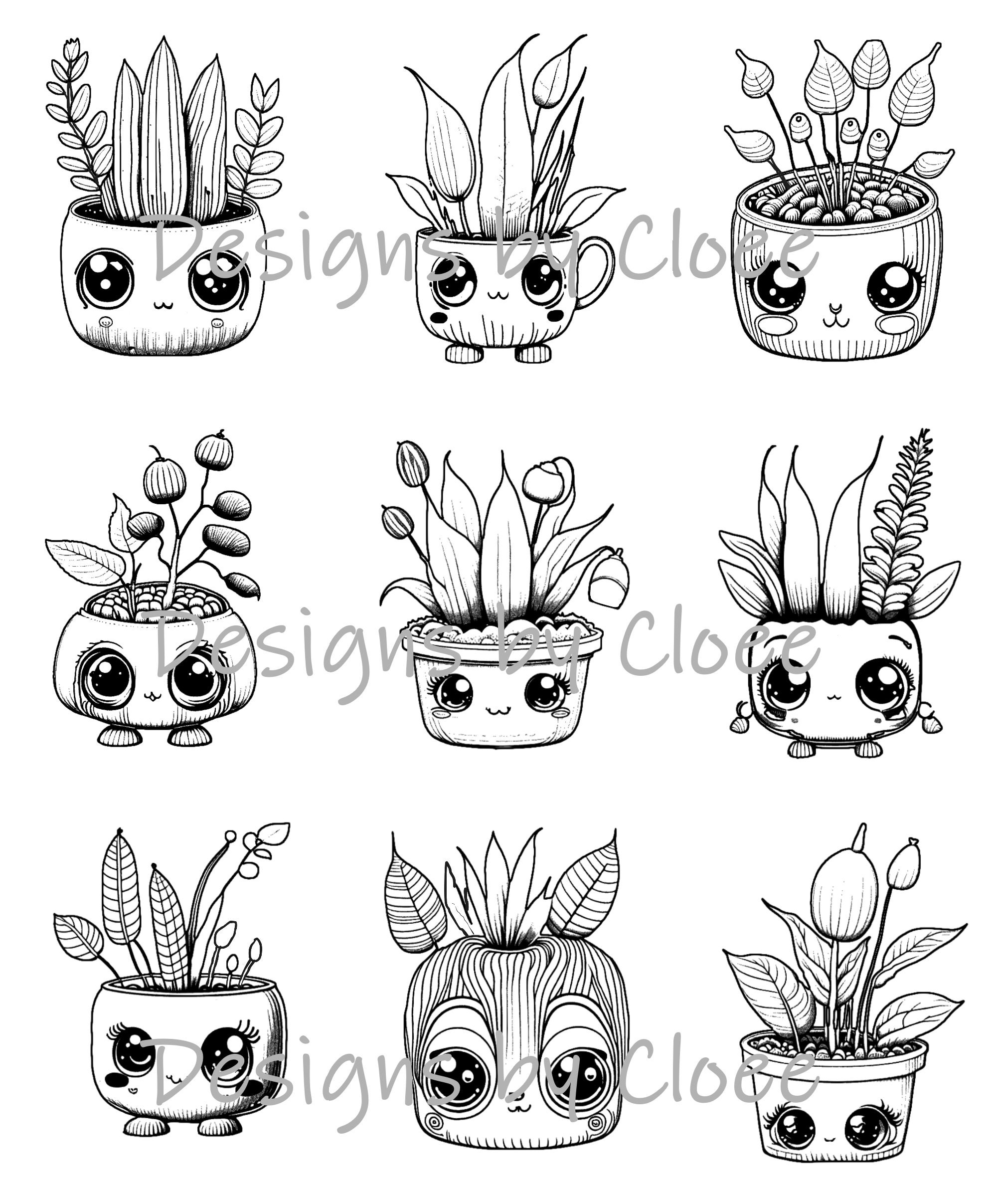 30 Coloring Pages | Cute Potted Plant Cartoon Characters With Big Eyes ...