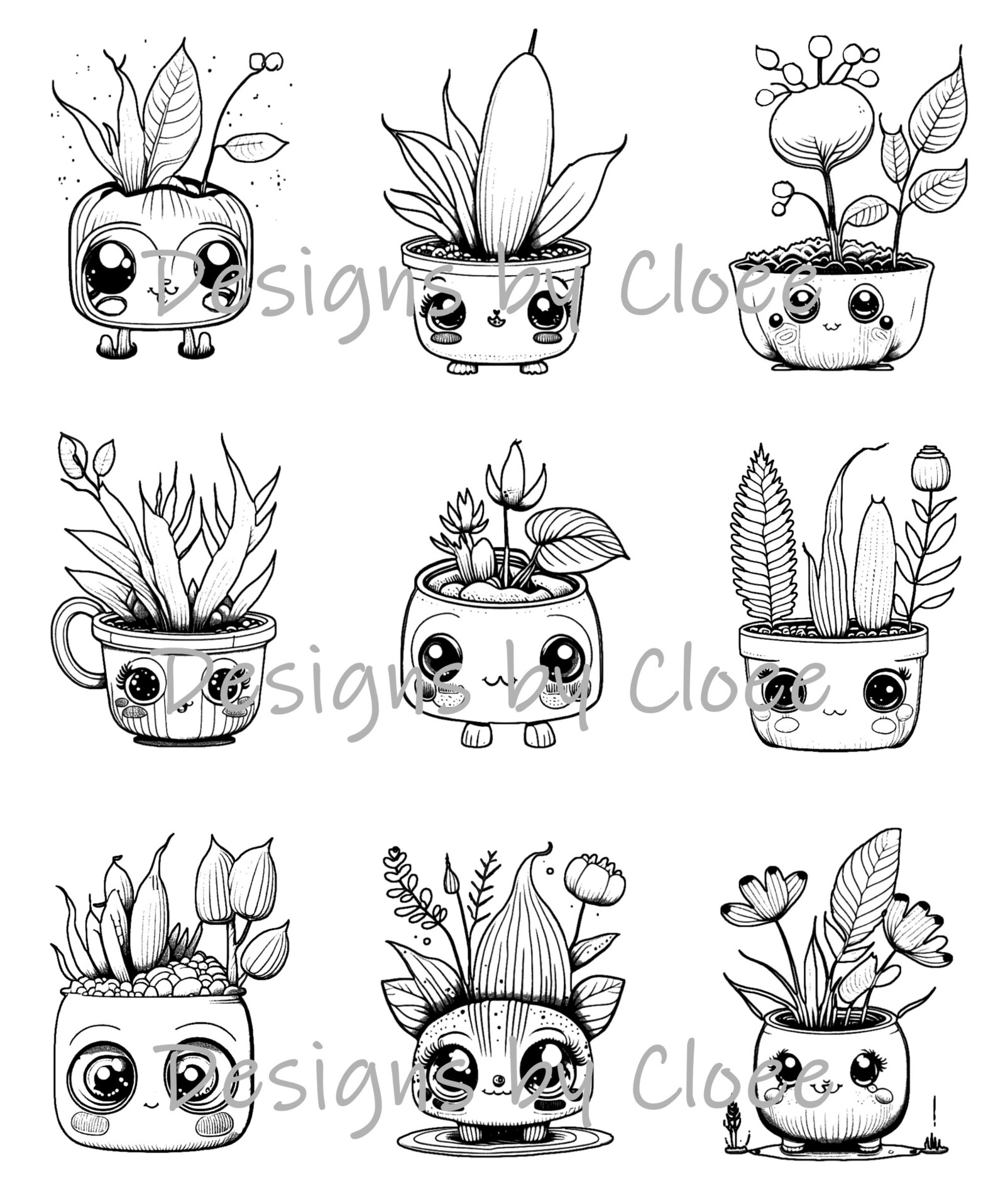 30 Coloring Pages | Cute Potted Plant Cartoon Characters With Big Eyes ...