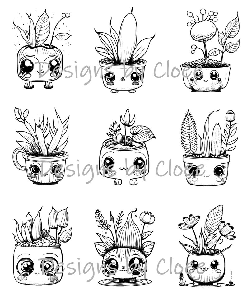 30 Coloring Pages | Cute Potted Plant Cartoon Characters With Big Eyes ...