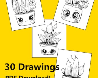 30 Coloring Pages | Cute Potted Plant Cartoon Characters With Big Eyes ...