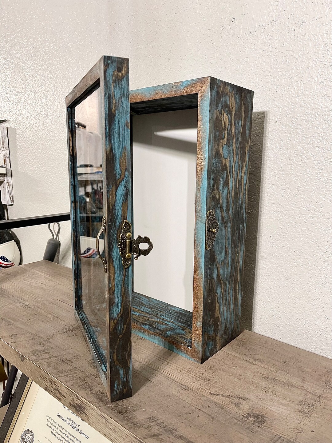 9x16x5 Shadow Box With Lid Rustic Blue White Backing Free Shipping ...