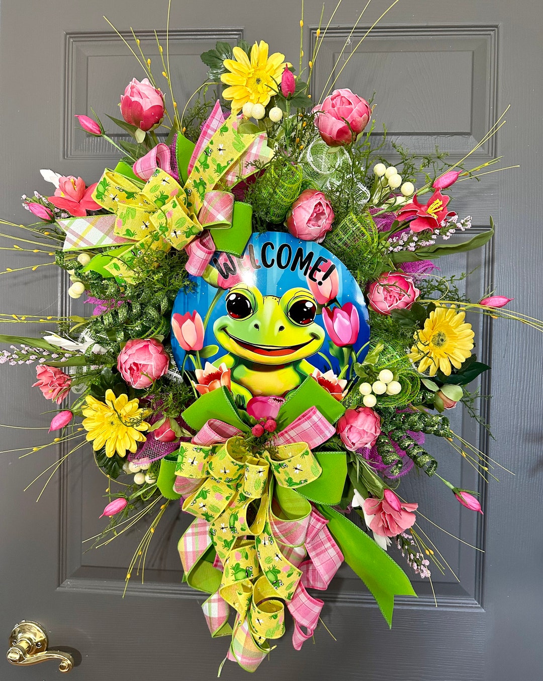 Welcome Wreath, Frog Wreath, Spring Floral Wreath, Front Door Wreath ...