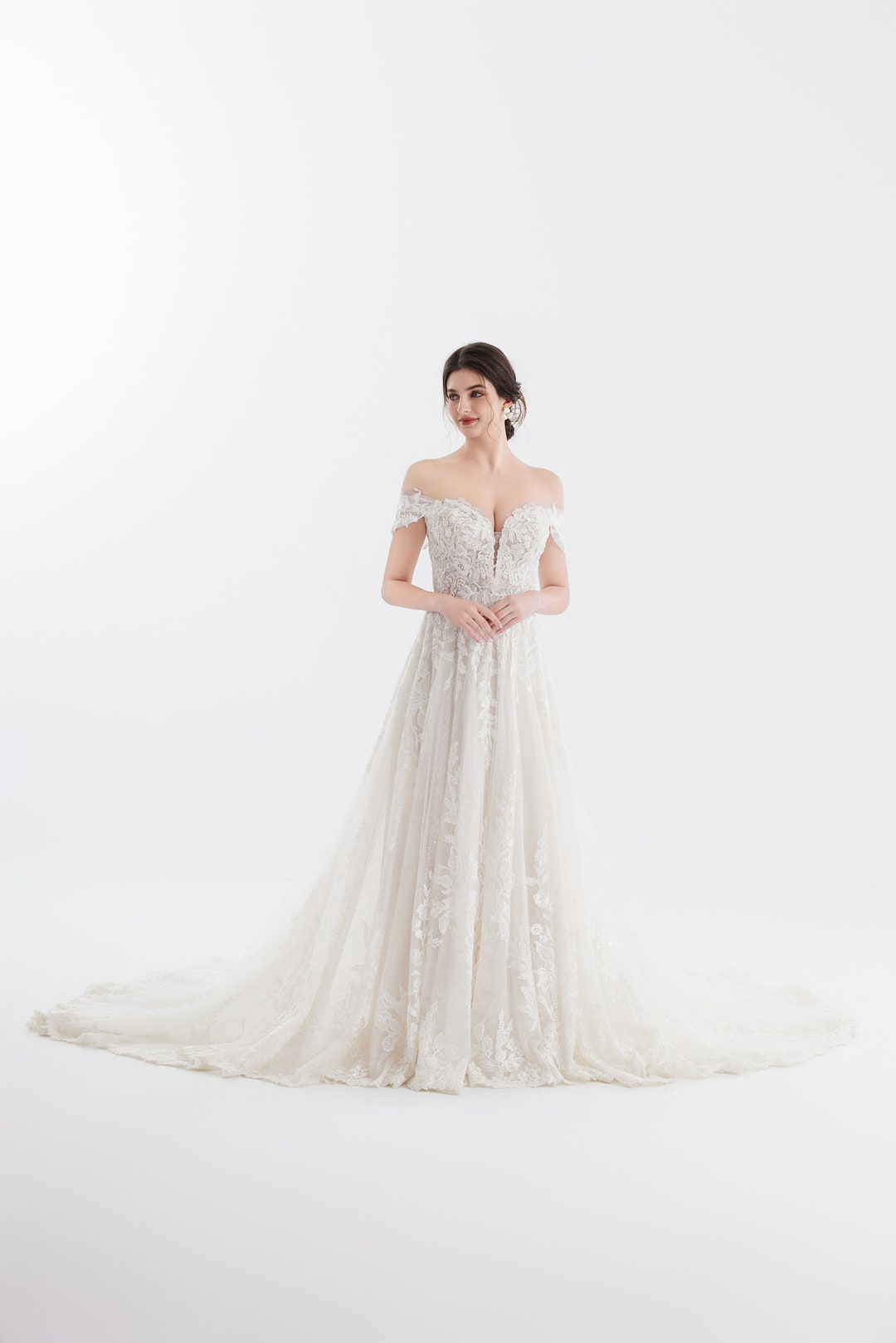 Romantic Off-shoulder Tulle Wedding Dress With Hand-beaded Lace, Bridal ...