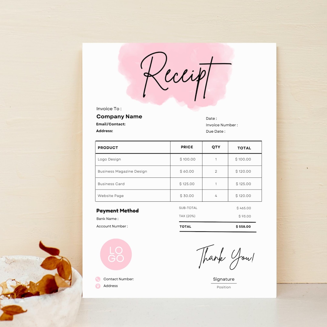 Editable Receipt Template, Small Business Digital Receipt, Receipt Form ...
