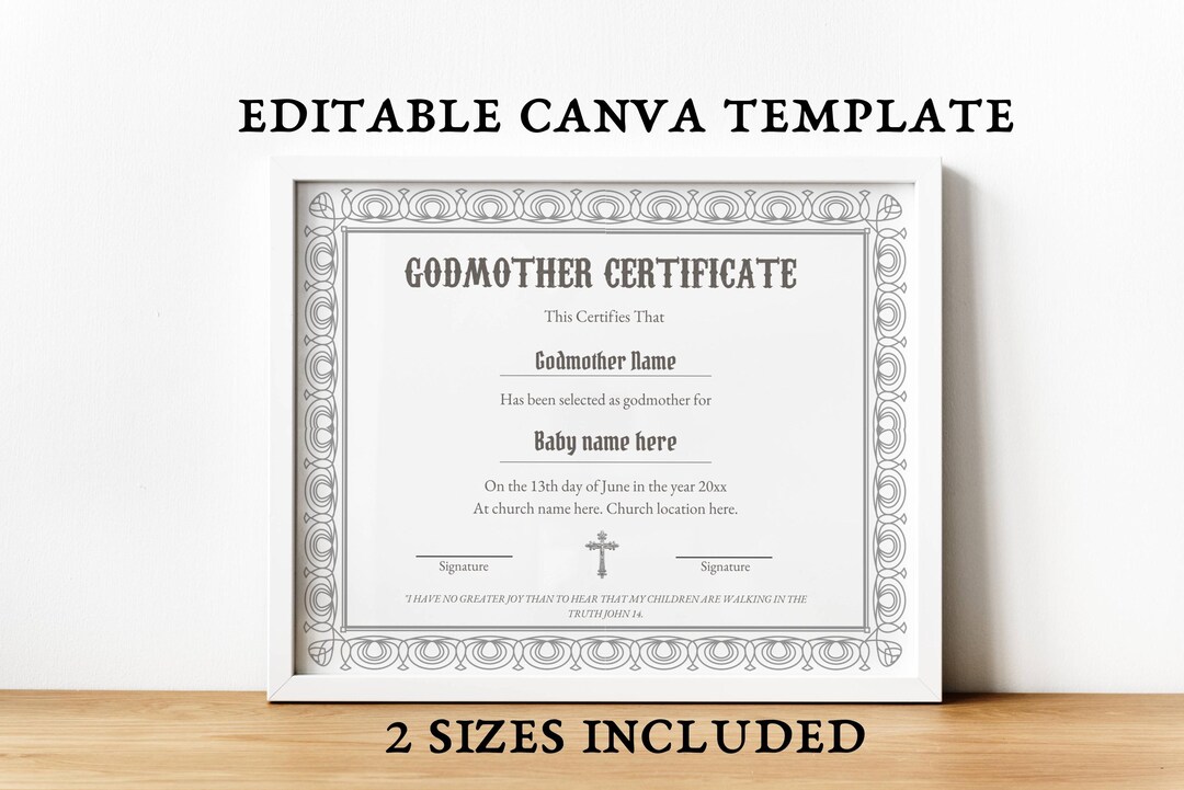 Editable Godparents Certificate Template, Printable Godparents ...