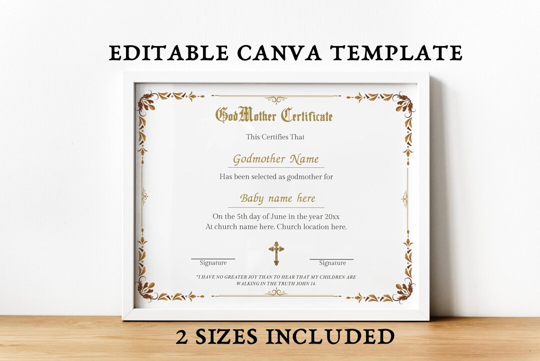 Editable Godparents Certificate Template, Printable Godparents ...