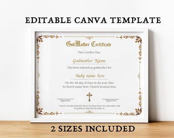Godparents Certificate Template, Printable Editable Godparents ...